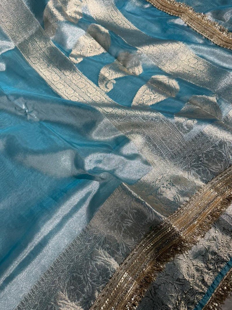 Metallic Sea Green Tissue Silk Zari Jacquard Lace Work Banarasi Saree