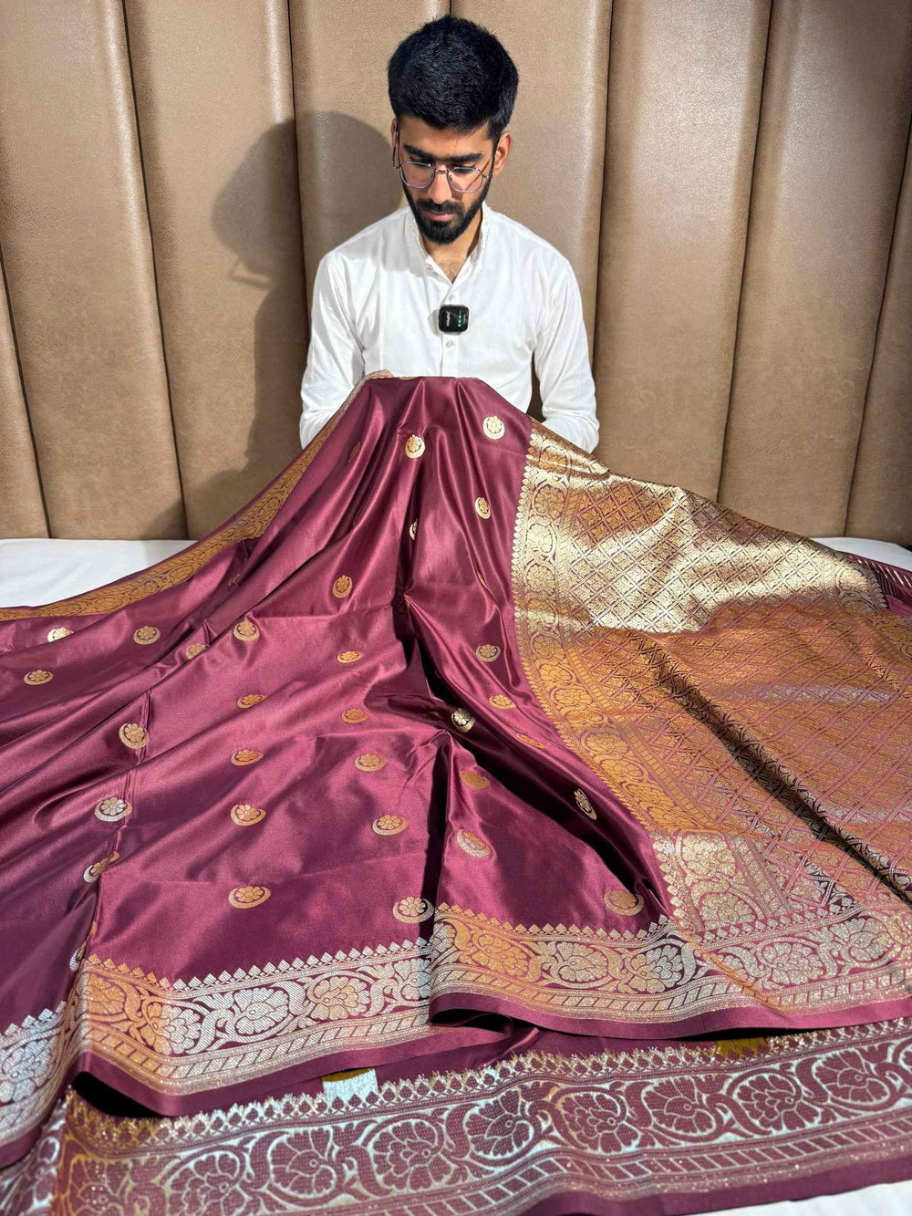 Rare Wine Satin Silk Chand Tara Heritage Weave Banarasi Saree